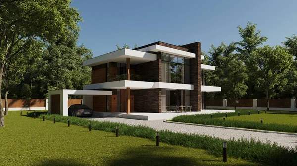 Modern Country House Background Forest House Terrace Panoramic Windows ...