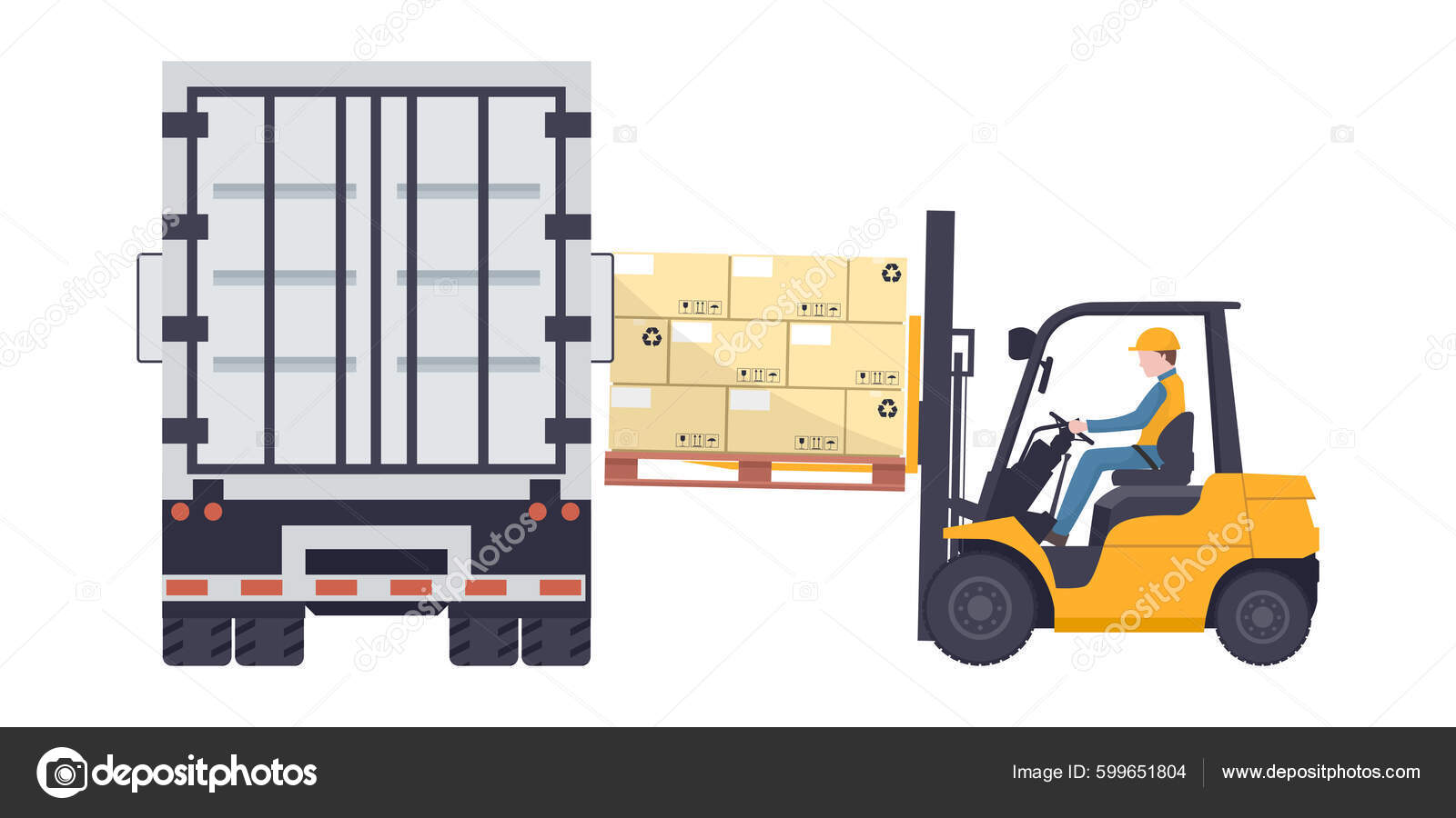 Worker Driving Forklift Loading Pallet Stacked Boxes Refrigerator Truck ...