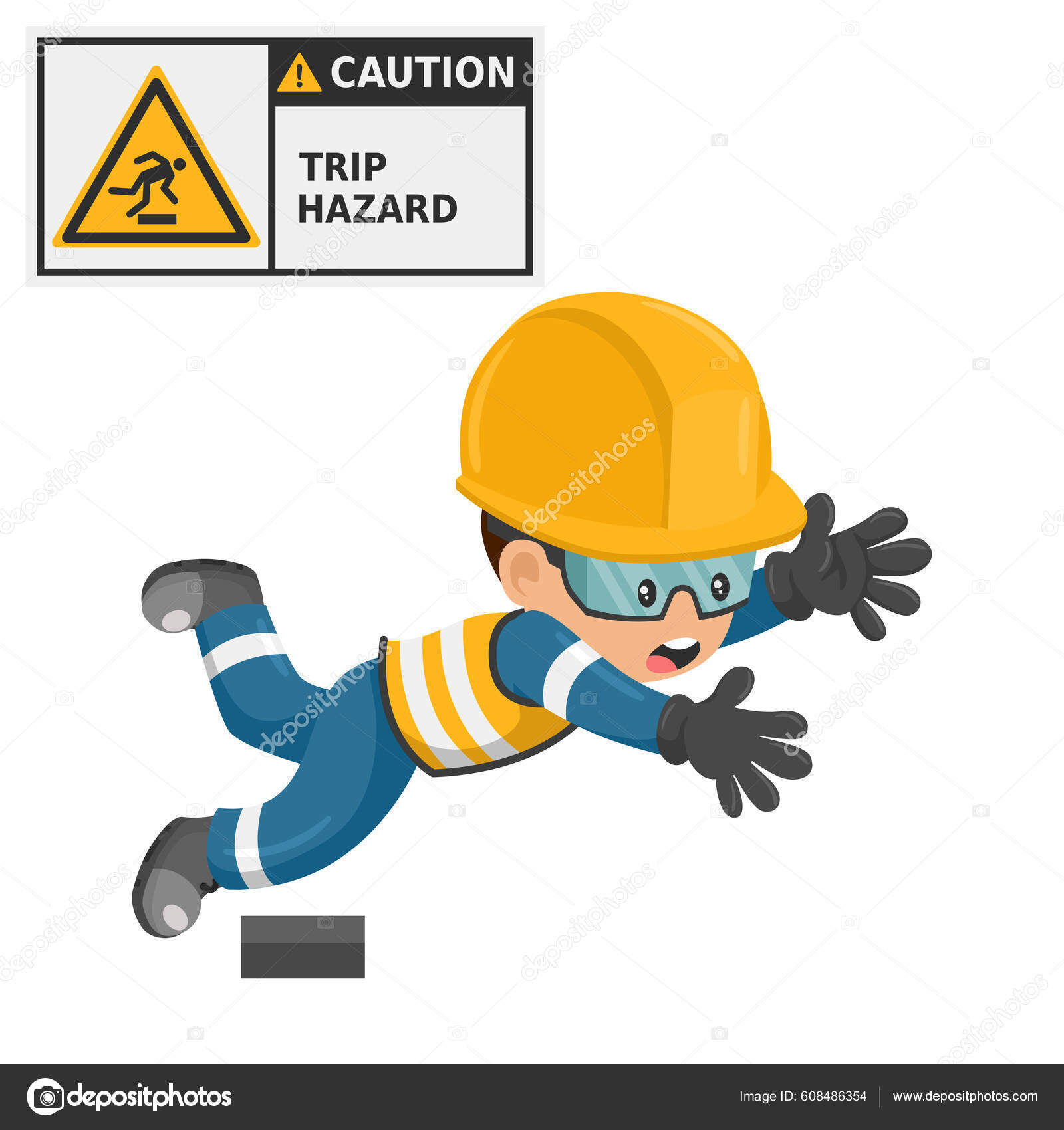 Trabajador Industrial Con Aviso Peligro Tropiezo Icono Precaución ...