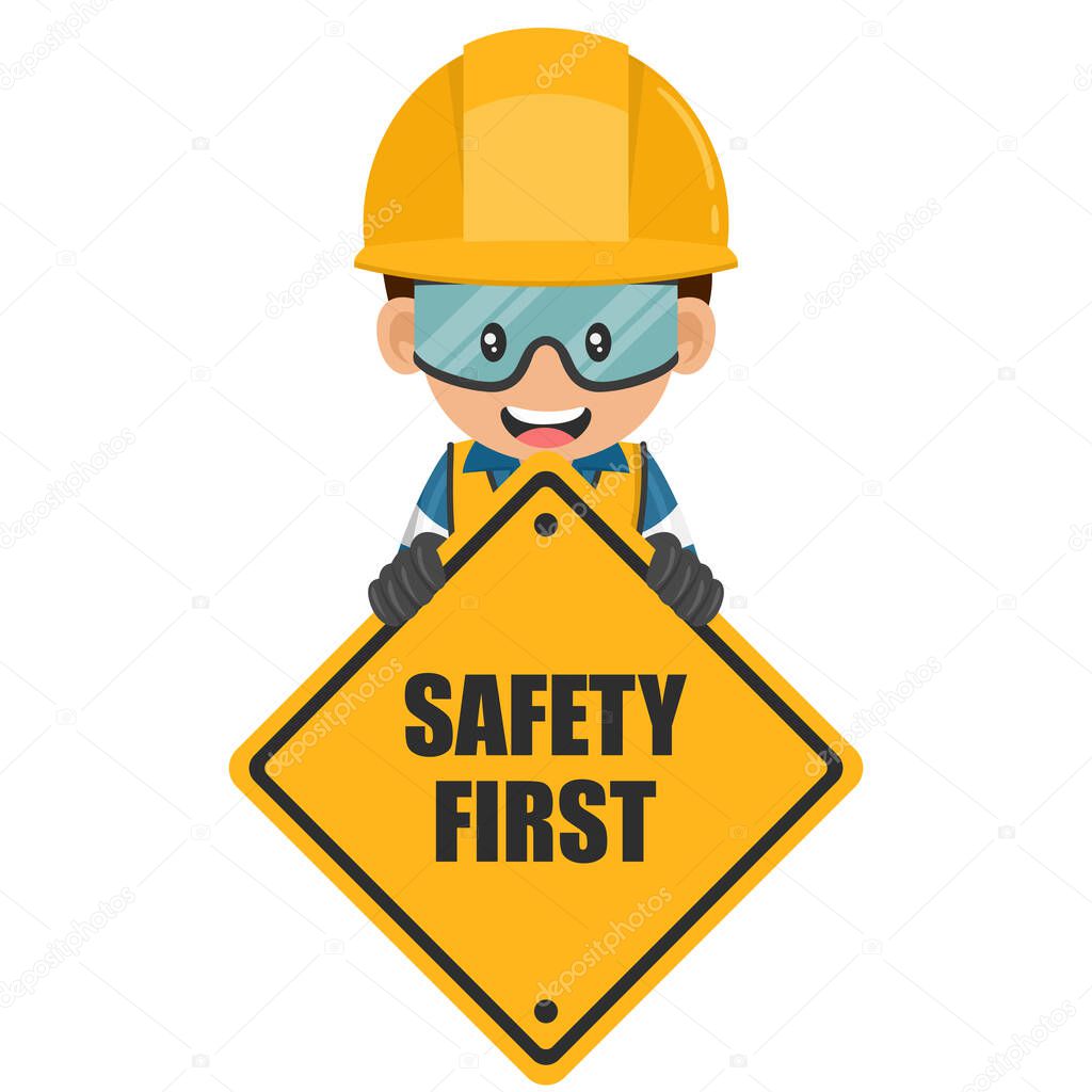 Trabajador industrial sosteniendo la primera señal de seguridad. Ingeniero con su equipo de ...