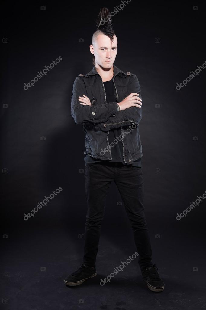Punk man with mohawk haircut. Expressive face. Grey jacket. Isolated on ...