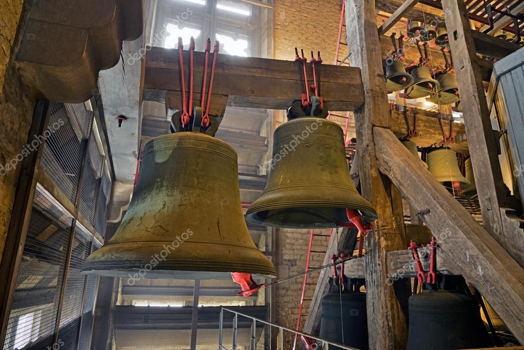 Big cathedral bells. Interior of Sint Rombout church tower. Mech Stock ...