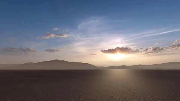 Vast dry plain in desert with mountains on the horizon at sunset. 3D ...