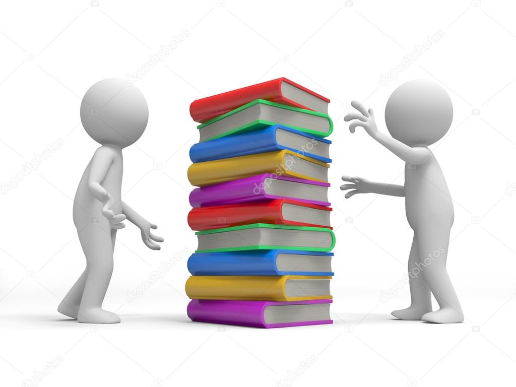 Two 3d persons discussing, a stack of books between them — Stock Photo ...