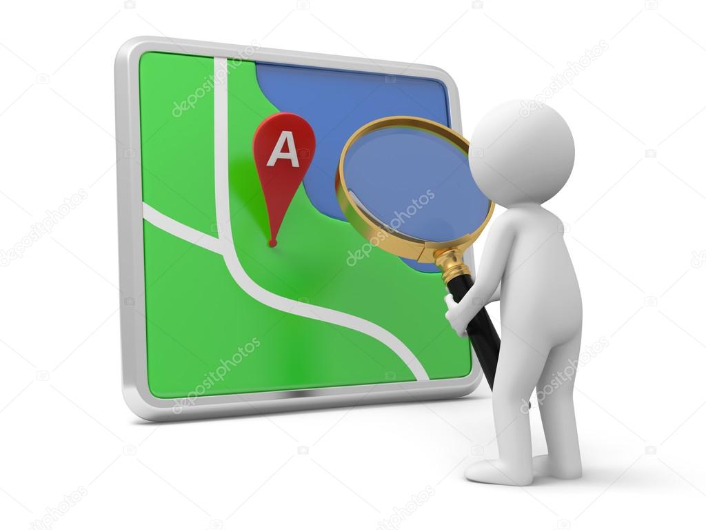A 3d person watching a navigator with a magnifying glass — Stock Photo ...