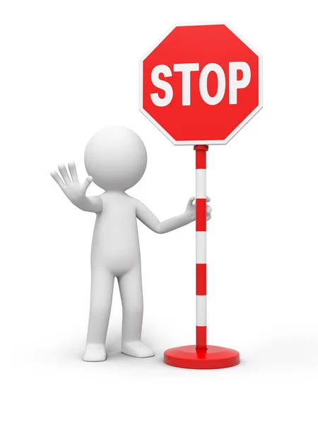 3d man showing stop gesture and holding stop sign over white background ...