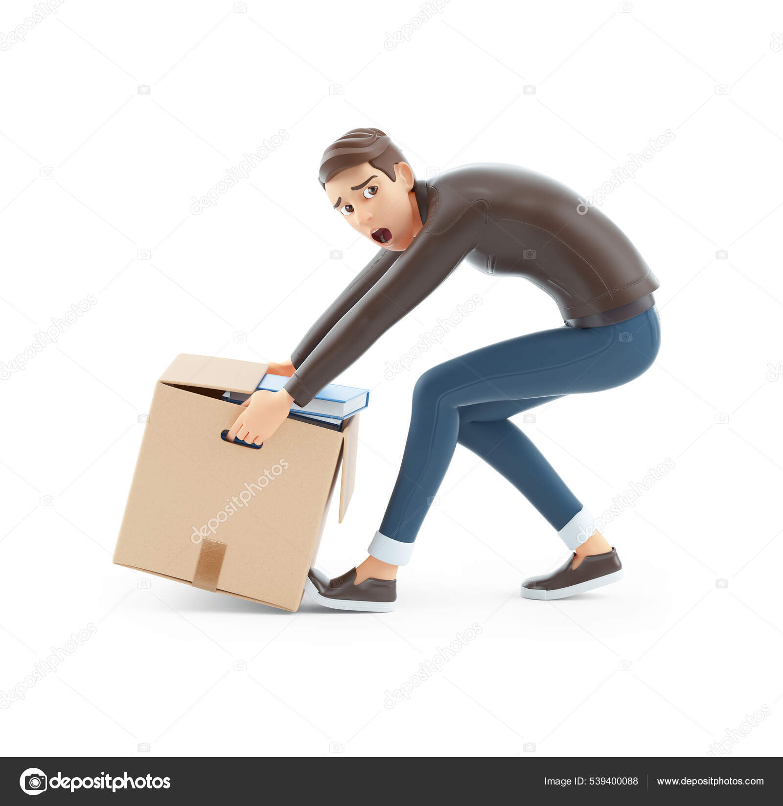 Cartoon Man Lifting Heavy Box Illustration Isolated White Background ...