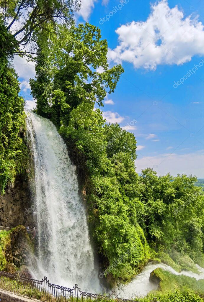 edessa waterfalls in spring season among green platanus trees in greece ...