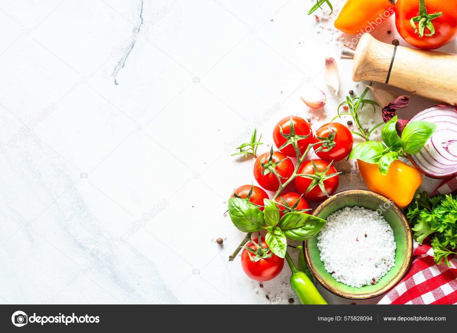 Food Background White Marble Table Vegetables Herbs Spices Top View ...
