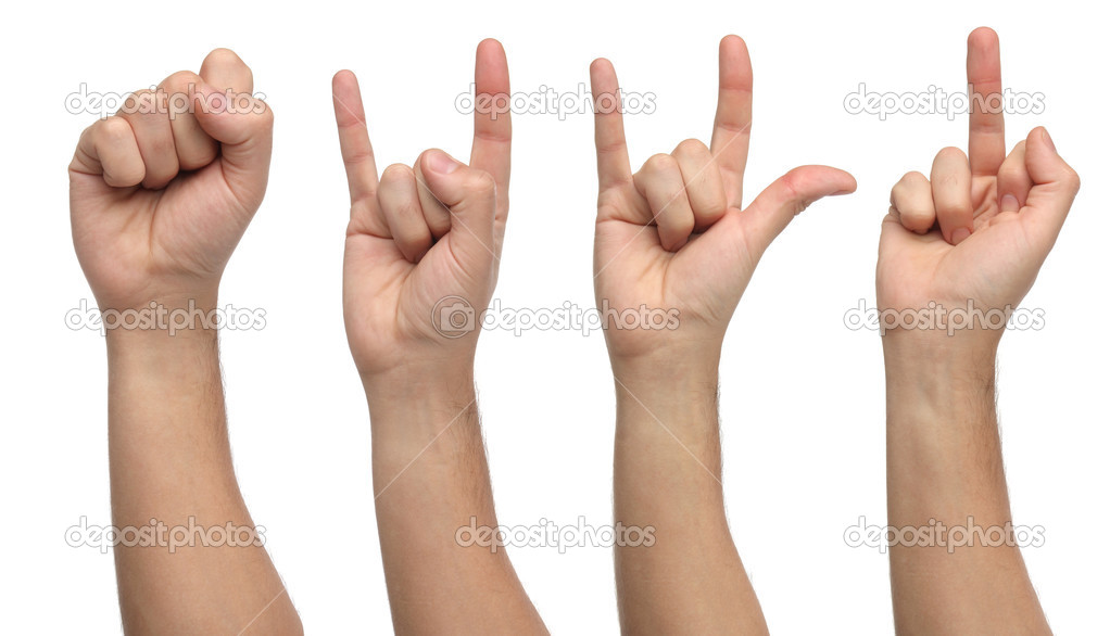 Four differents hand signs isolated on white — Stock Photo © Erdosain ...