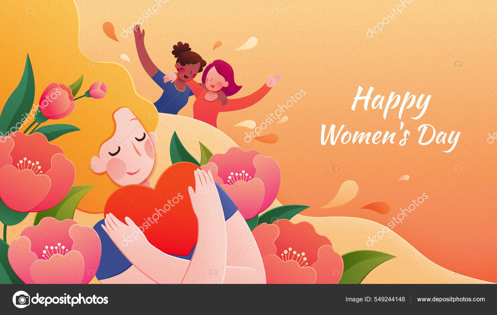 Happy Women's Day Card Design Illustration Long Hair Woman Surrounded ...