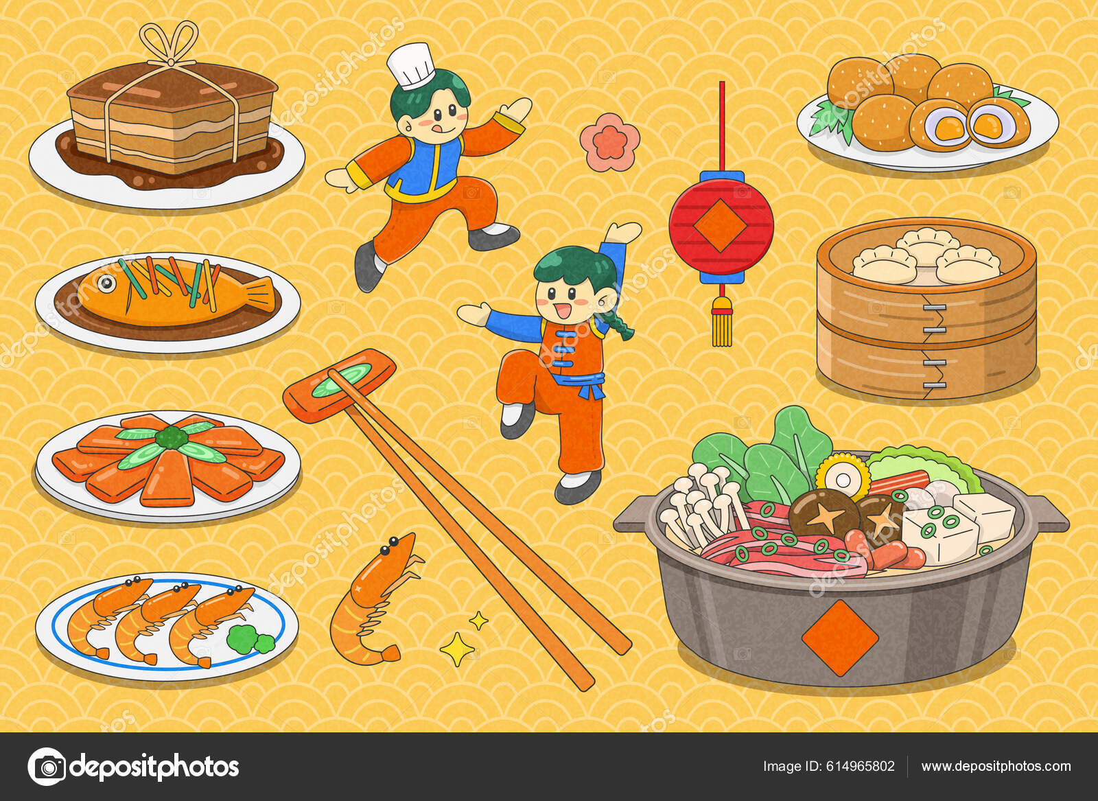 Cny Reunion Dinner Set Yellow Background Pattern Illustrated ...