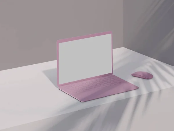 pink Laptop with Mouse and Screen, Display for Mockup, 3d Illustration ...