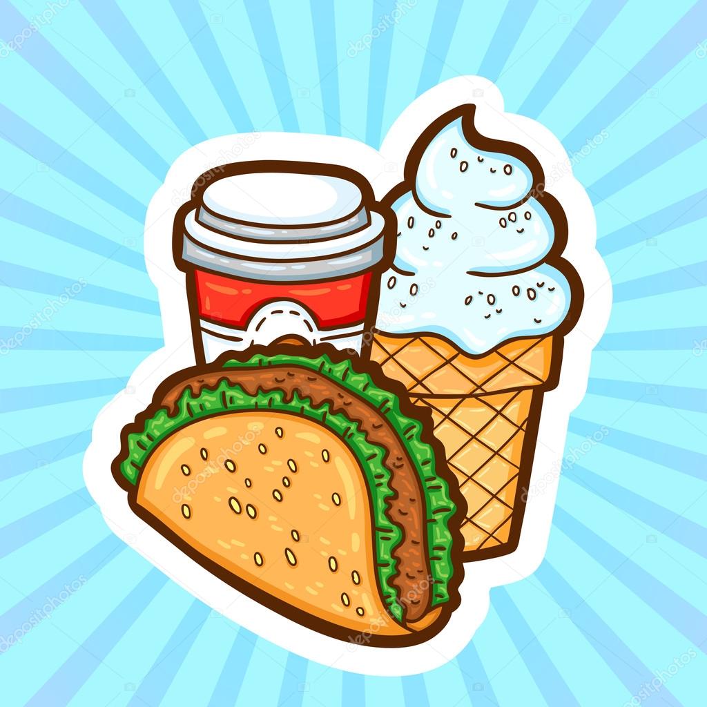 Set of fast food in cartoon style on beauty background. Isolated ... Set of fast food in cartoon style on beauty background. Isolated ...