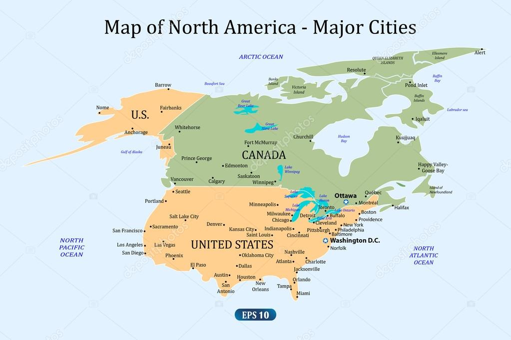 Mapa Severní Ameriky - hlavní města — Stock Vektor © Sasa1867 #33693103