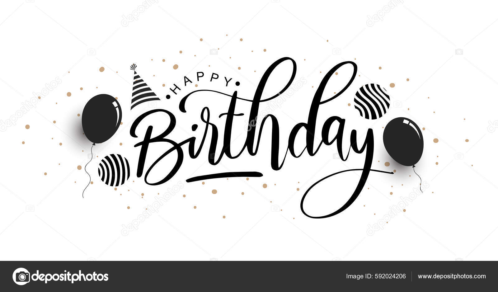 Happy Birthday Lettering Text Banner Balloon Hat Confetti Black Color Stock Vector By