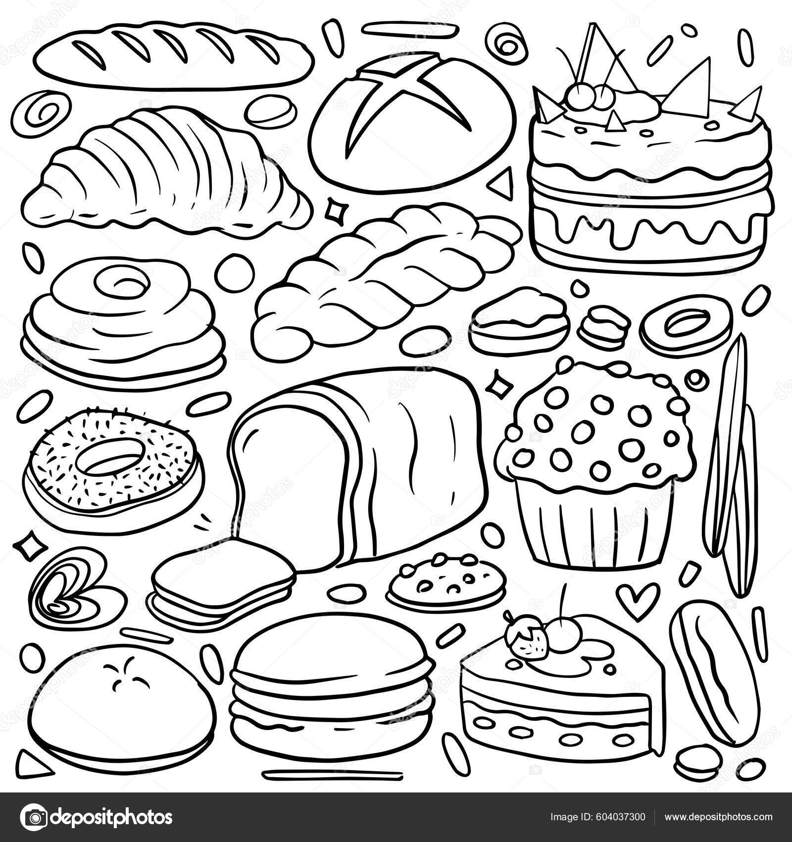 Set Drawings Bakery Theme Cakes Pies Bread Pastry Collection Bread Stock Vector Image by ...