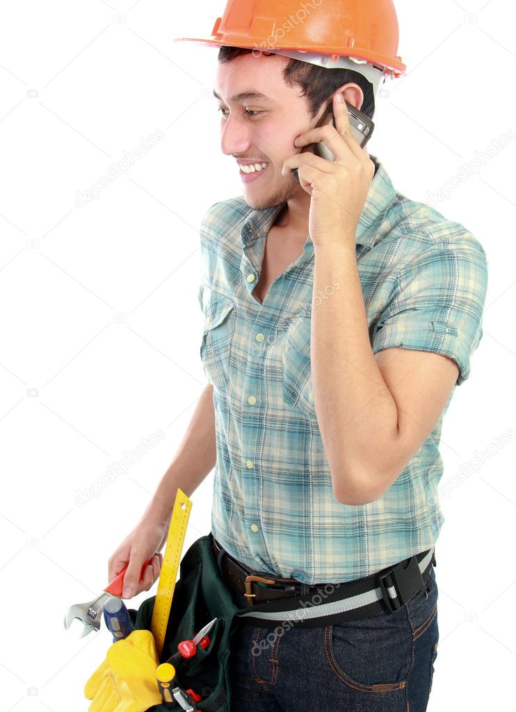 Happy worker using mobile phone — Stock Photo © odua #14276615
