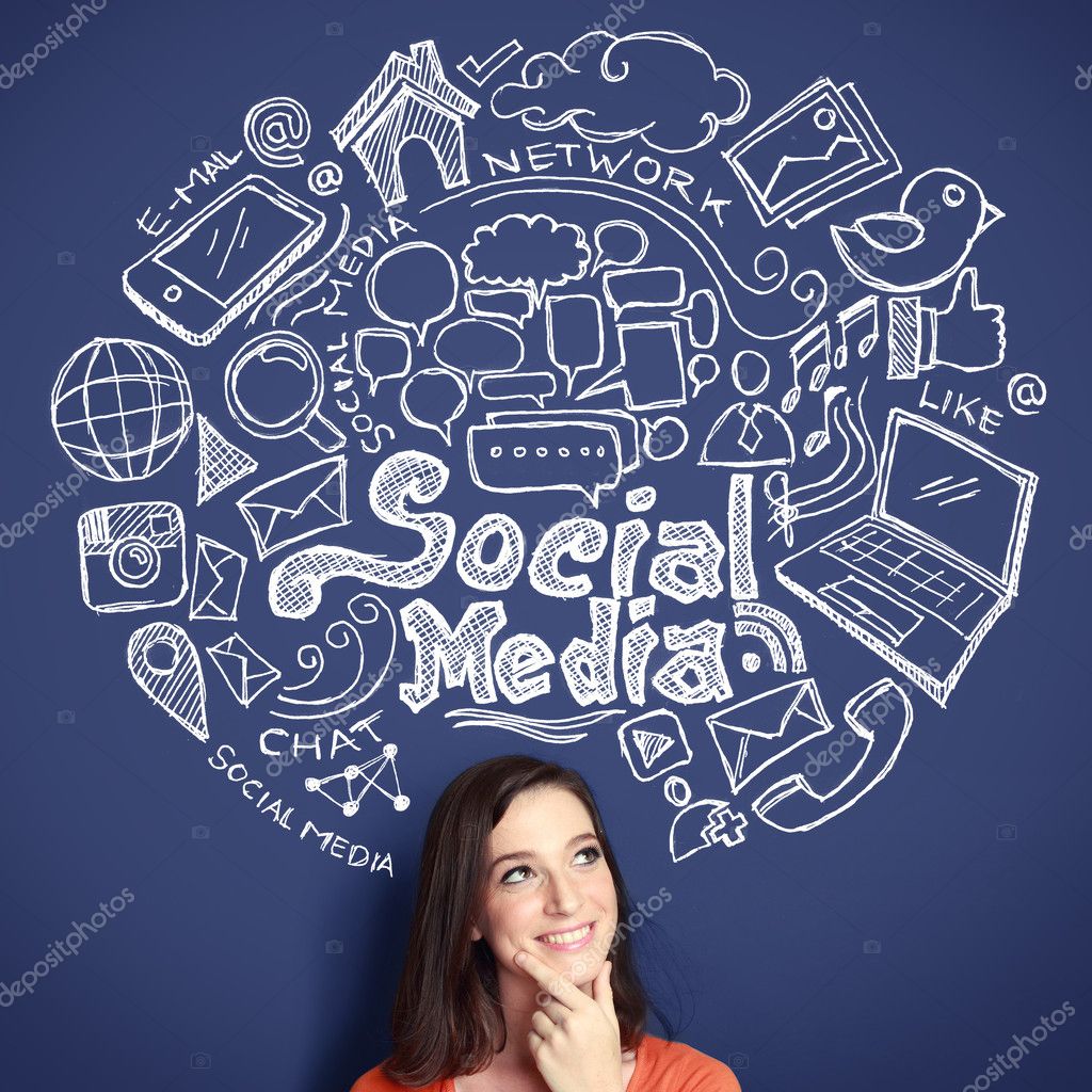 Woman with Hand drawn illustration of social media concept — Stock ...