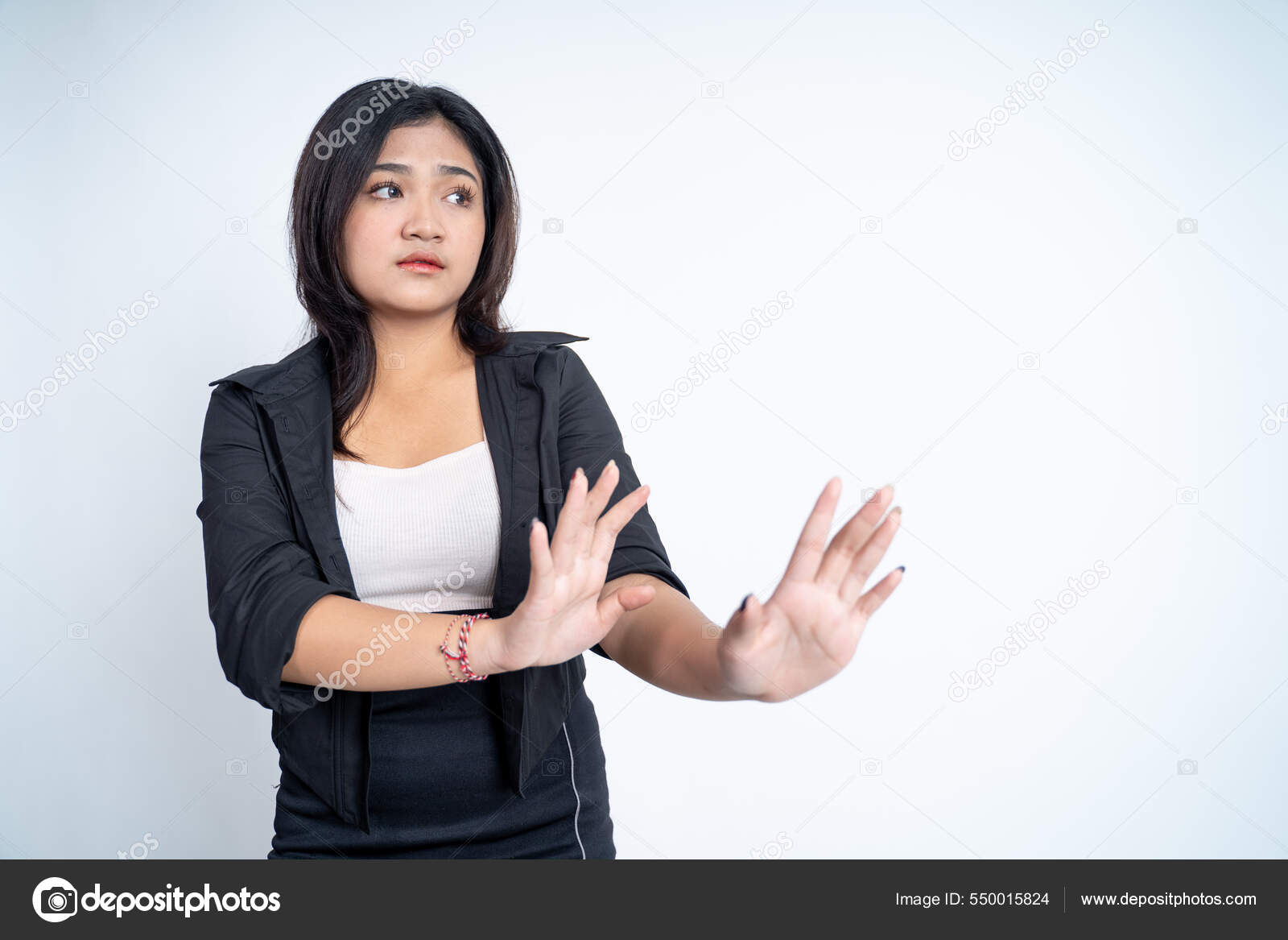 Asian woman refusing with both palms gesture side a copyspace — Stock ...