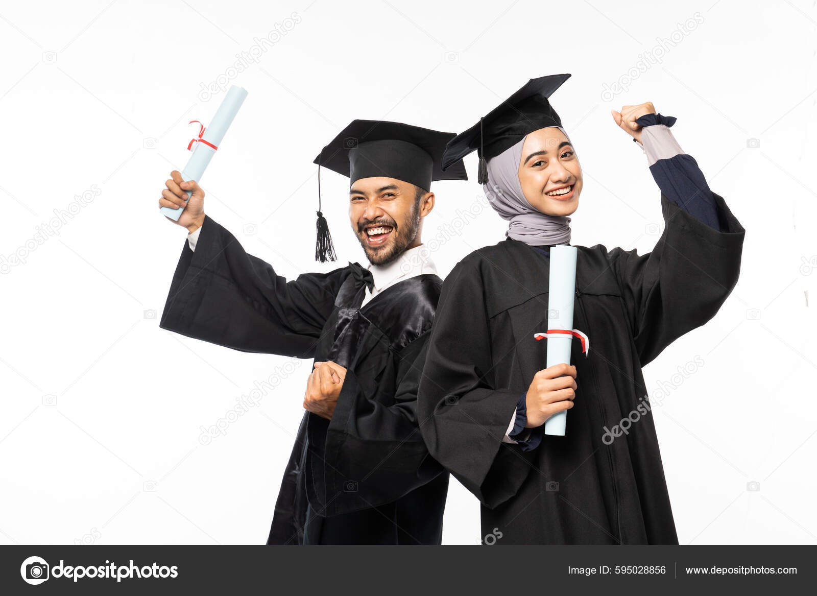Two Excited Asian Graduate Students Carrying Certificate White ...
