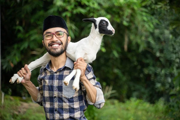 farm animal trade for eid adha sacrifice. man farmer and seller of goat ...