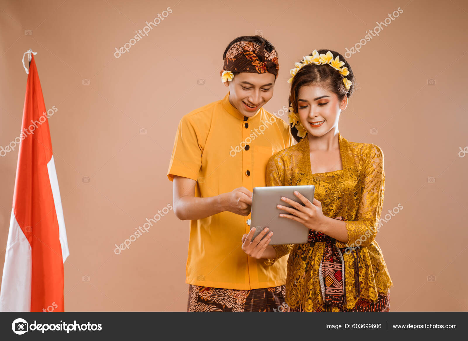 Happy Balinese Couple Using Tablet Together Isolated Background Stock ...
