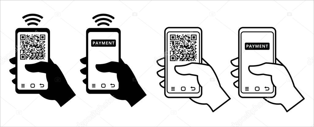 Ilustración de escaneo de teléfono móvil con código QR. Pago de cuenta ...
