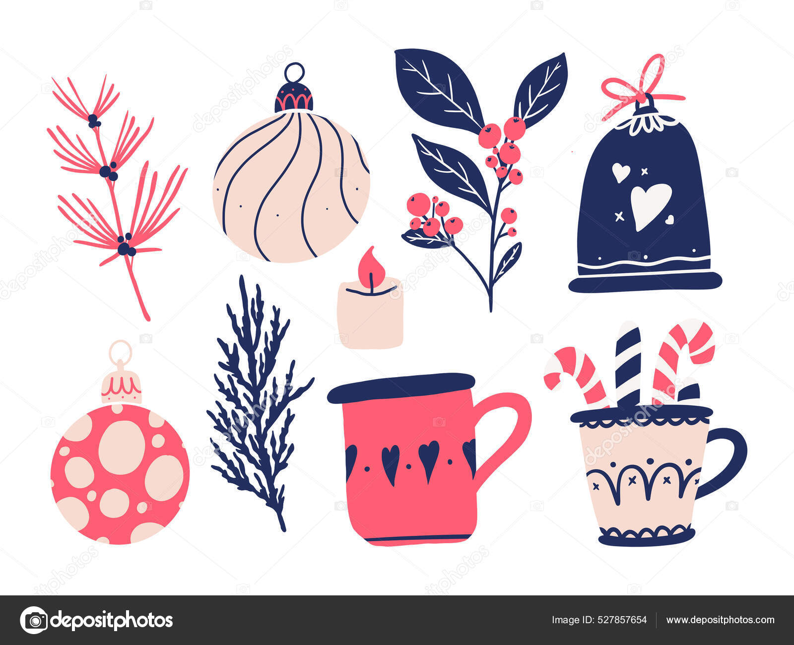 Set Hand Drawn Christmas Ornaments New Year Winter Vintage ...