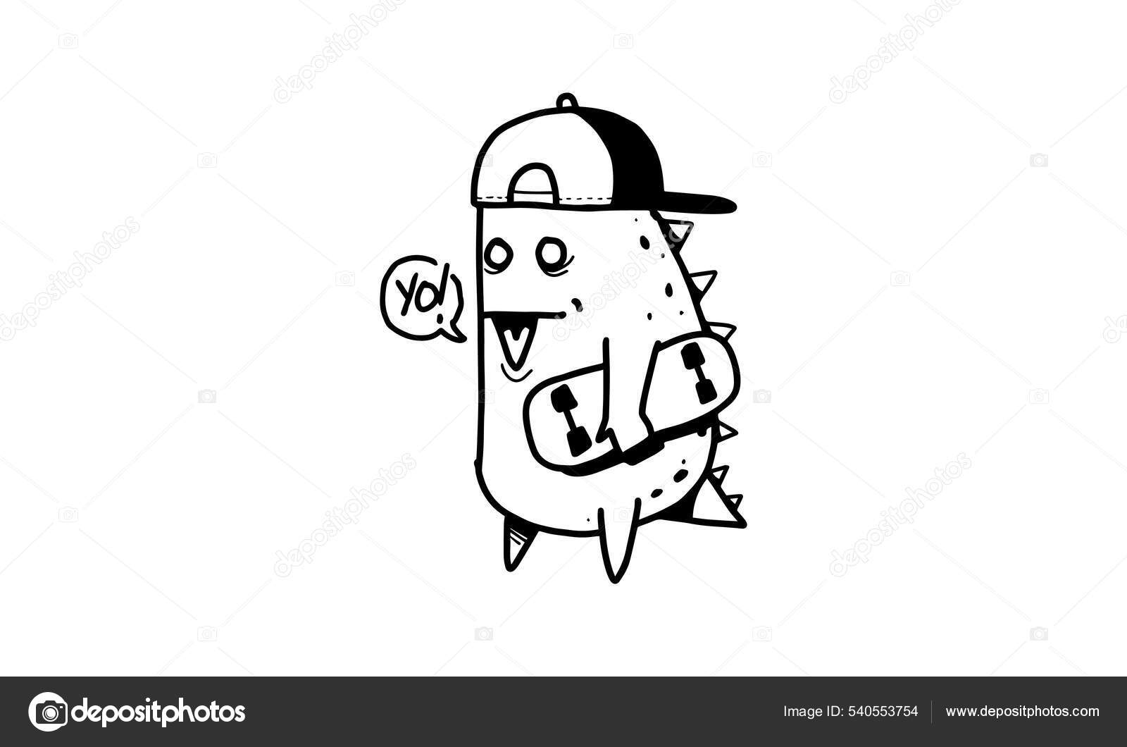 Cute Dino Skateboard Illustration Colorless Cartoon Drawing Coloring ...