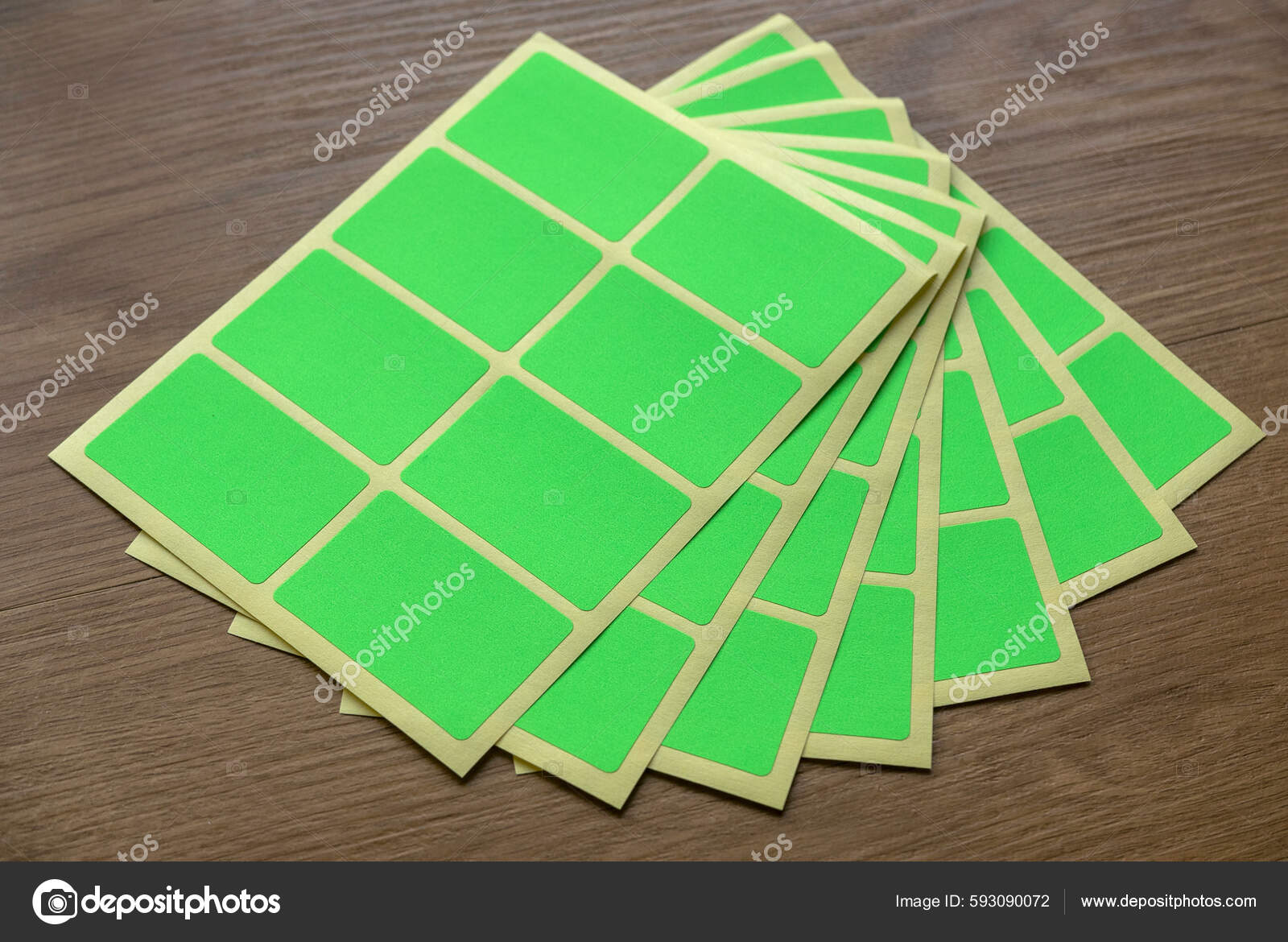 Set Green Rectangular Paper Sticker Label Wooden Background — Stock ...