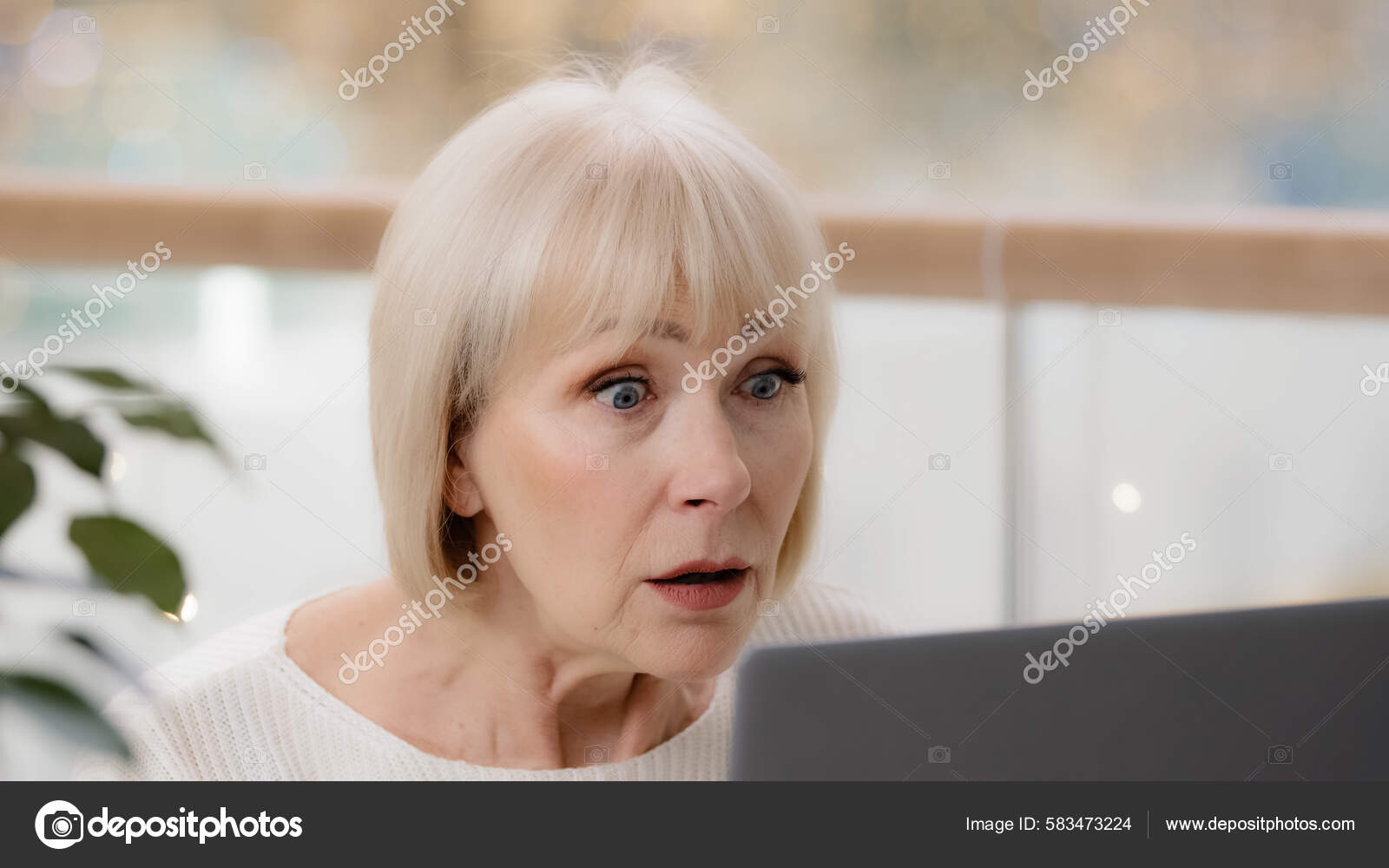 Close Surprised Excited Mature Woman Looking Laptop Screen Middle Aged ...