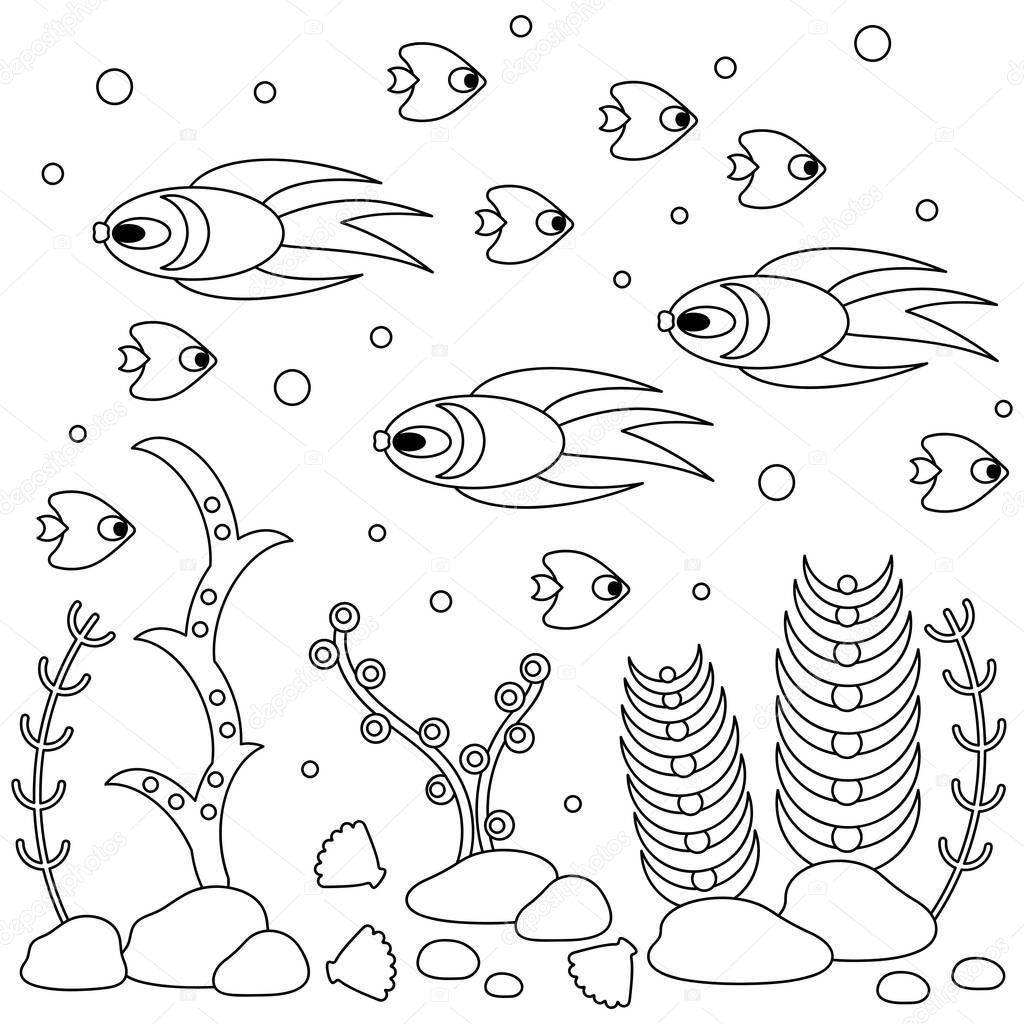 Página del libro para colorear para niños bajo el agua. Peces y algas ...