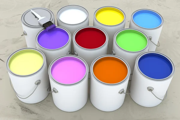 Printing technologies. CMYK colors, and four cans of paint on a Stock ...