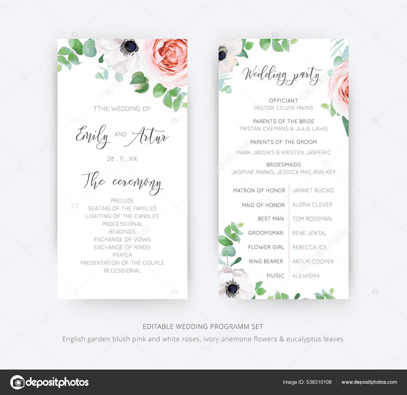 Editable Floral Vector Wedding Ceremony Program Card Set Beautiful ...