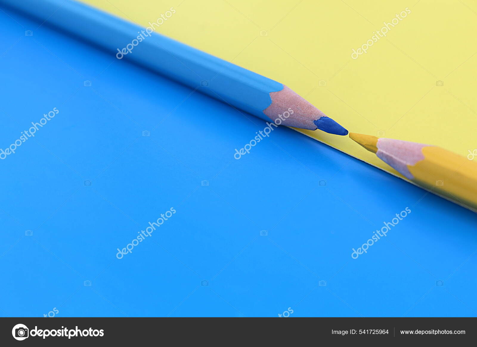 Blue Yellow Background Two Pencils Same Color Lie Same Time — Stock ...