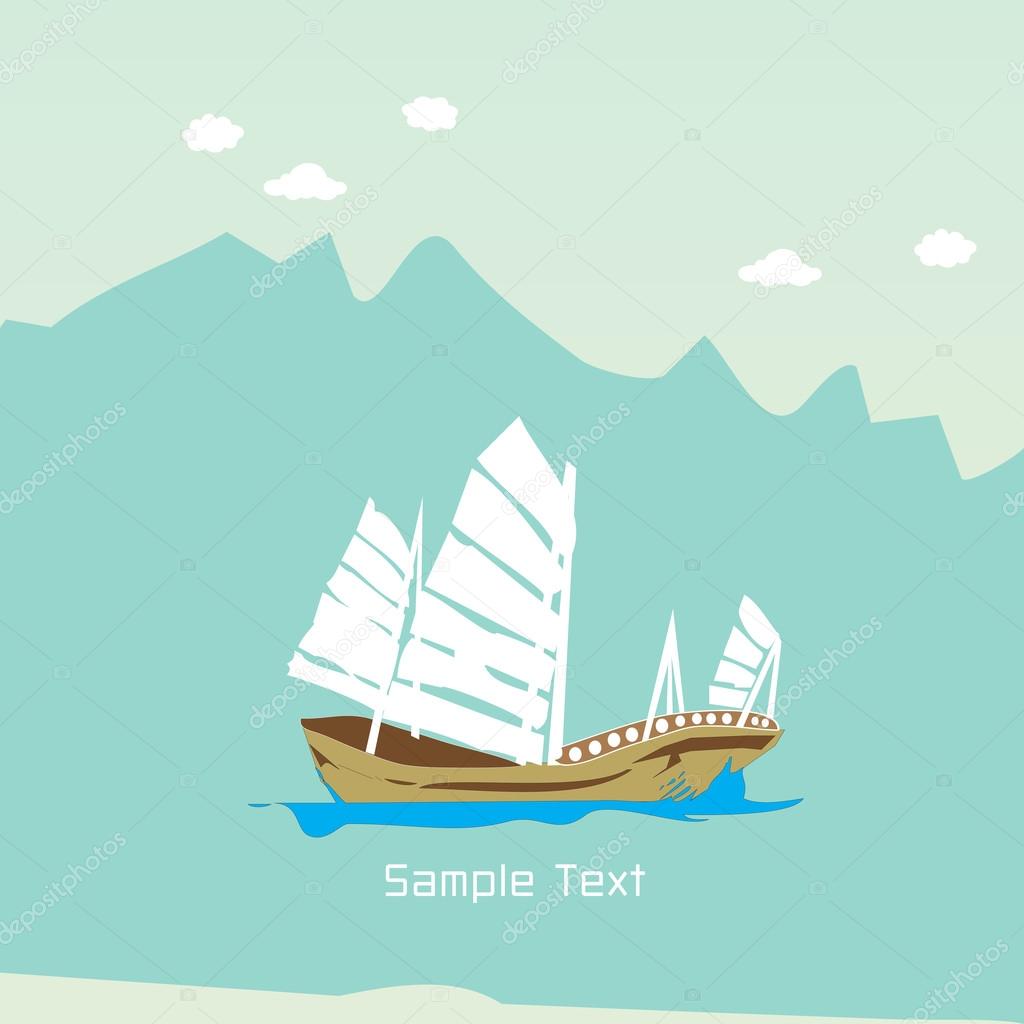 Cartoon Barque boat on blue mountain background Stock Vector by ...
