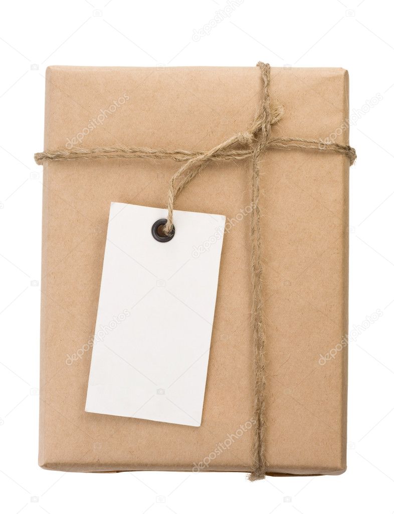 Parcel wrapped packaged box and label on white ⬇ Stock Photo, Image by ...