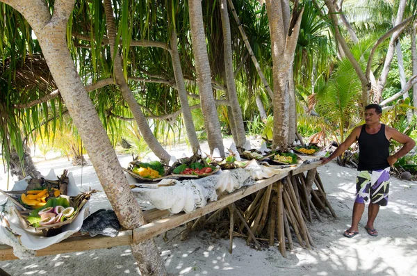 Tropical food served outdoor in Aitutaki Lagoon Cook Islands - Stock ...