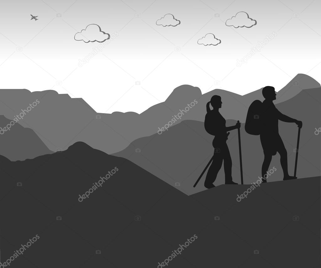 Mountain climbing, hiking couple with rucksacks silhouette Stock Vector ...