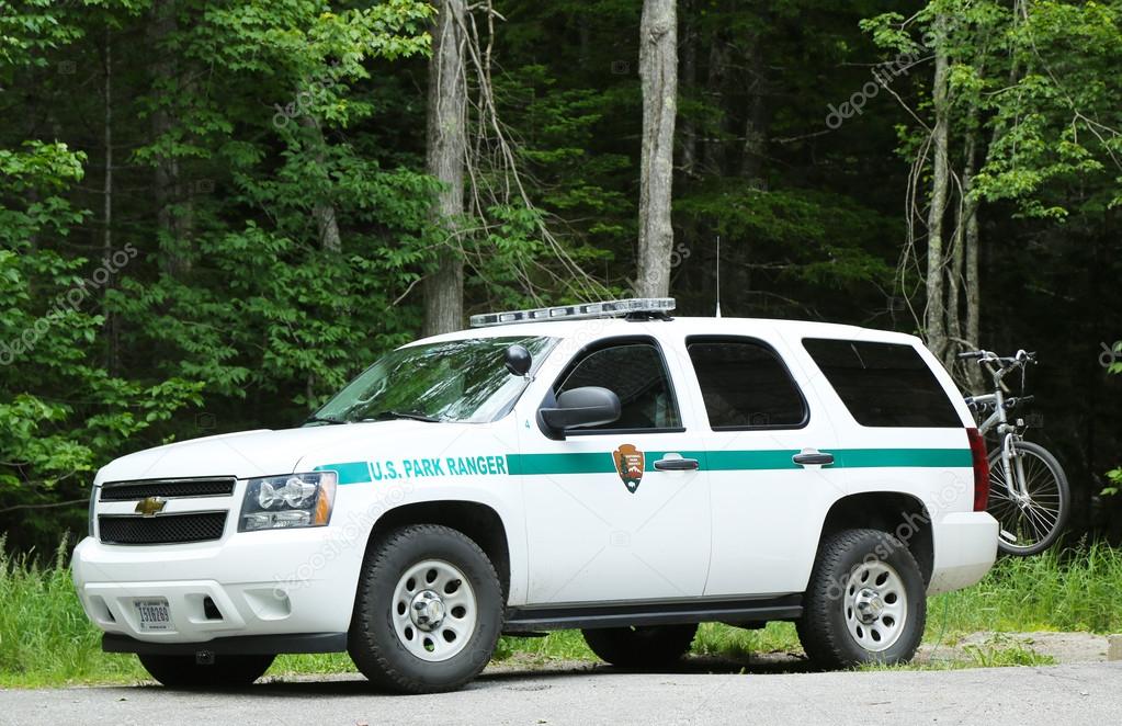 US Park ranger car in Arcadia National Park in Bar Harbor, Maine ...