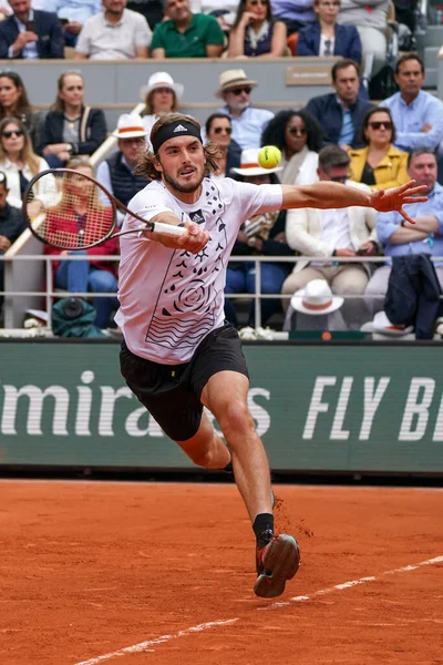 PARIS, FRANCE - MAY 30, 2022: Professional tennis player Stefanos Tsitsipas of Greece in action ...