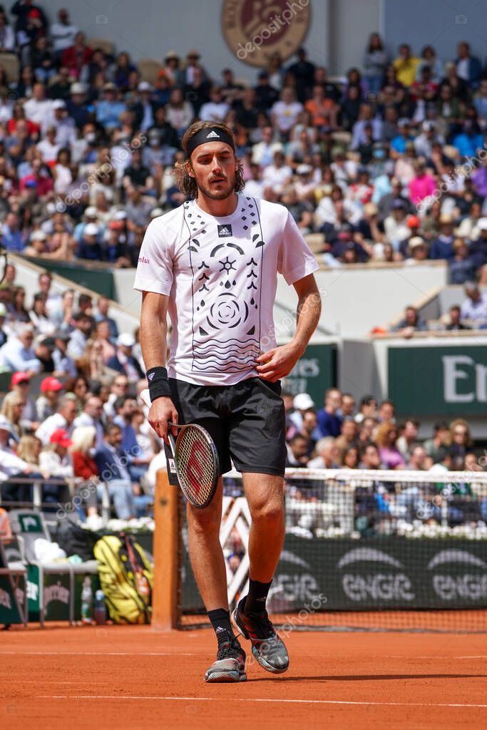 PARIS, FRANCE - MAY 30, 2022: Professional tennis player Stefanos Tsitsipas of Greece in action ...