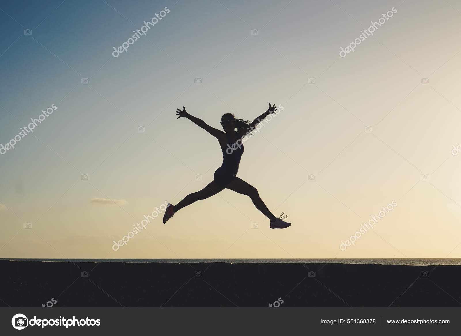 Silhouette Successful Jumping Joyful Woman Beach Boardwalk Sunset Sunrise Motivation — Stock ...
