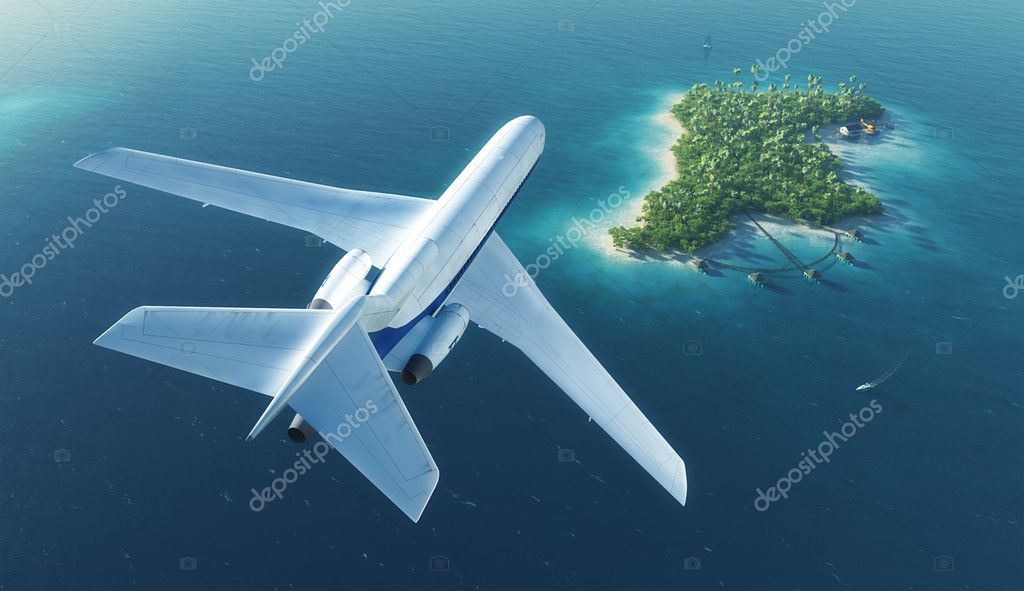 Large passenger plane flies over paradise tropical island — Stock Photo ...