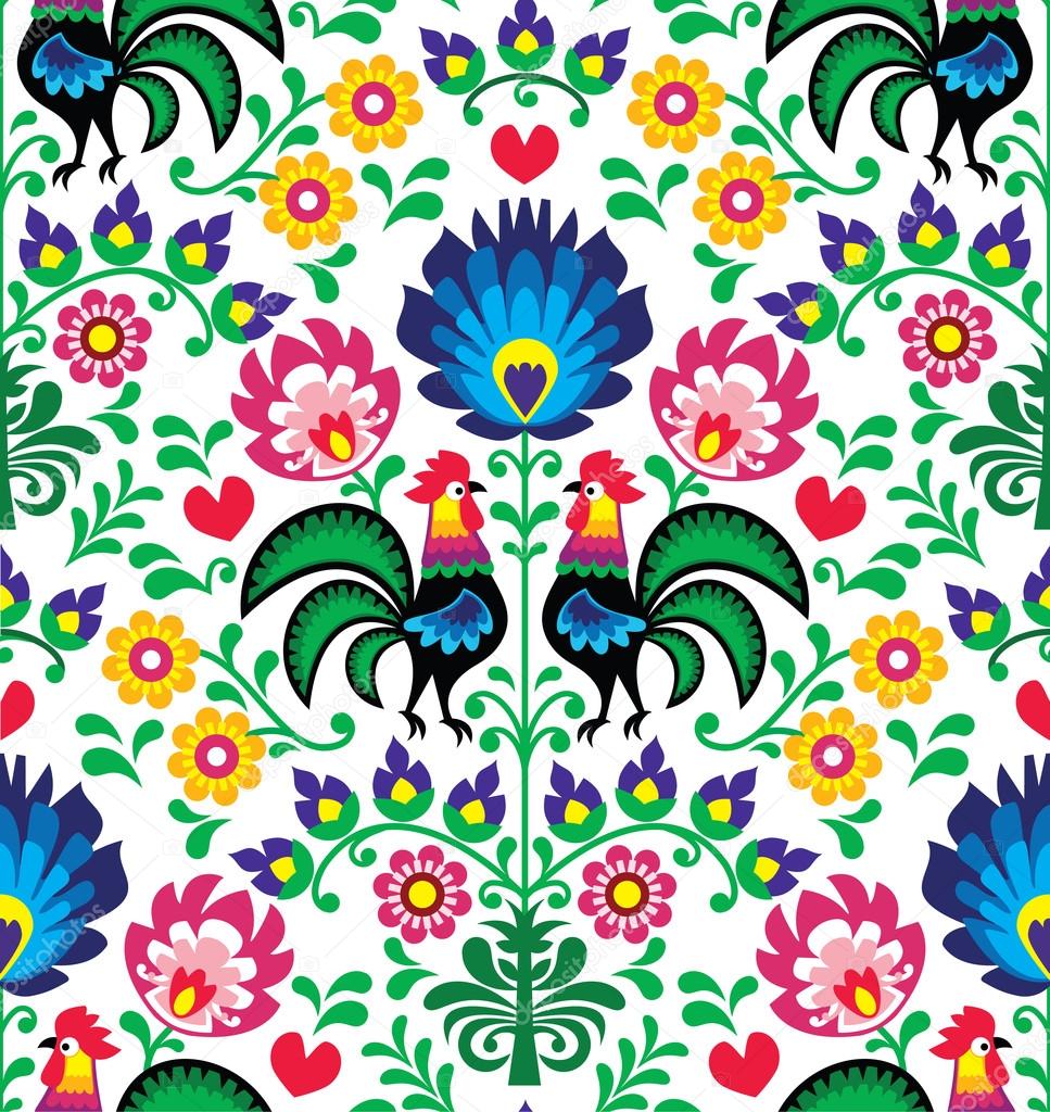 Seamless traditional floral Polish pattern with roosters - Wzory ...
