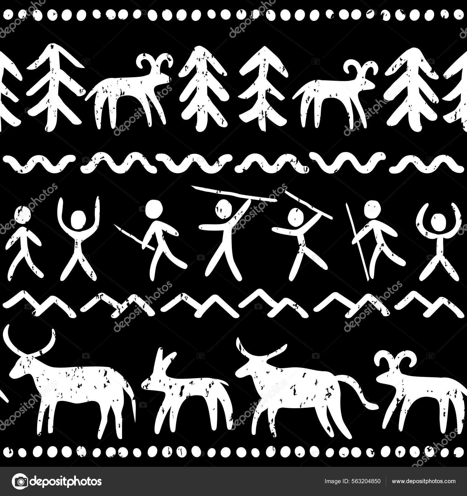 Prehistoric Cave Paintings Art Vector Seamless Pattern White Black ...