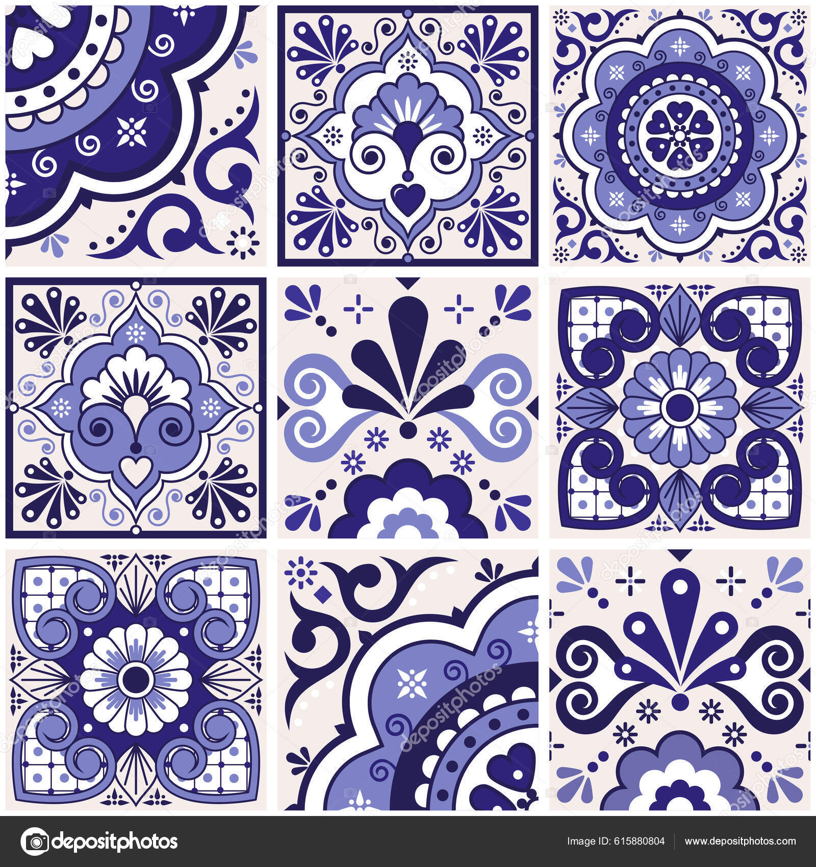 Mexican Talavera Tiles Vector Seamless Navy Blue Pattern Flowers Leaves ...