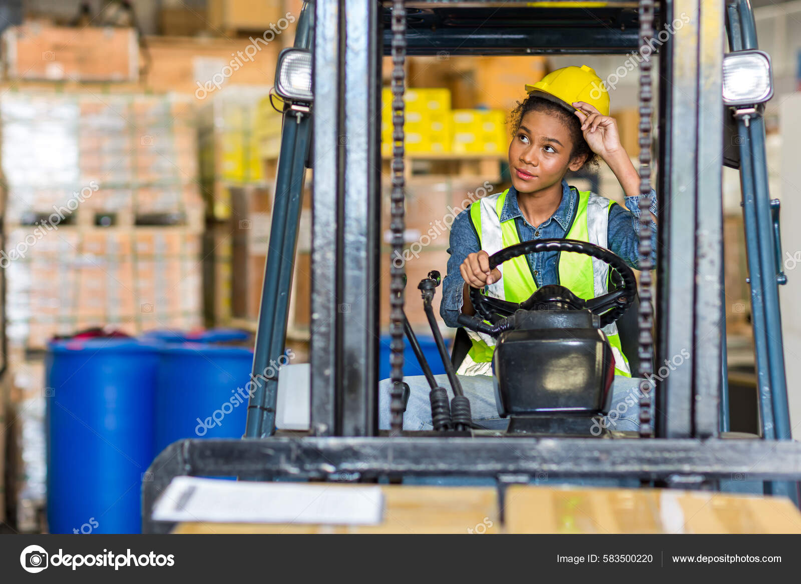 Women Worker Forklift Driver Happy Working Industry Factory Logistic ...