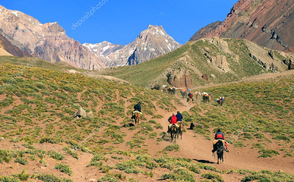 Mountain valley in the Andes with hikers trekking, Argentina, South ...